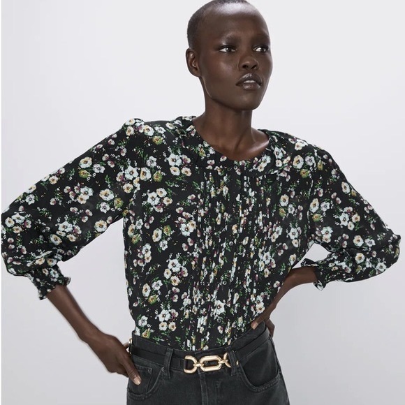 Zara | Tops | Zara Ruffle Neck Pleated Floral Blouse | Poshmark